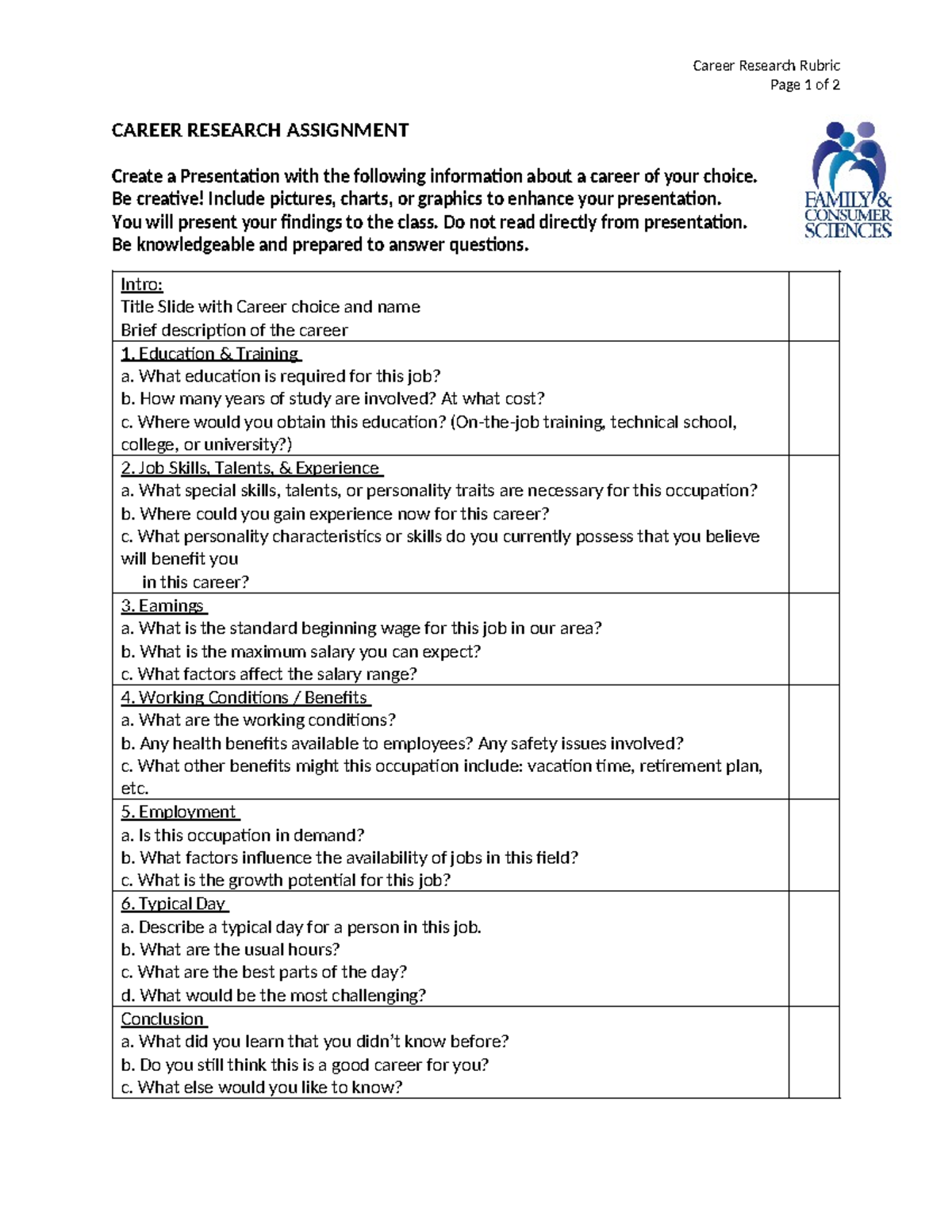 Elijah Warnick - Career Research Rubric - Career Research Rubric Page 1 ...
