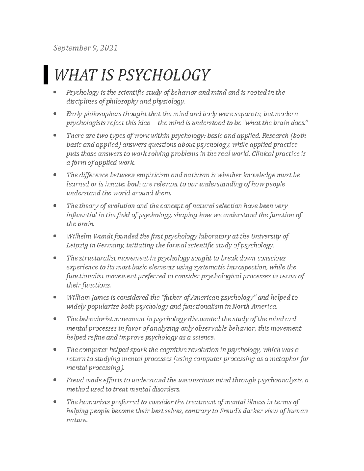 Chapter 1 - introduction to Psychology Lecture Notes - September 9 ...