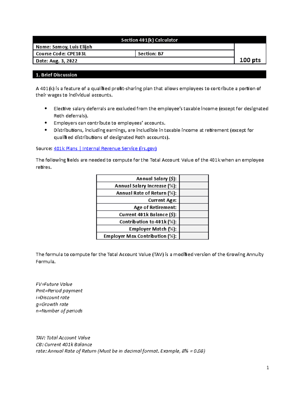 Samoy MP2-Section 401(k) Calculator - Section 401(k) Calculator Name ...