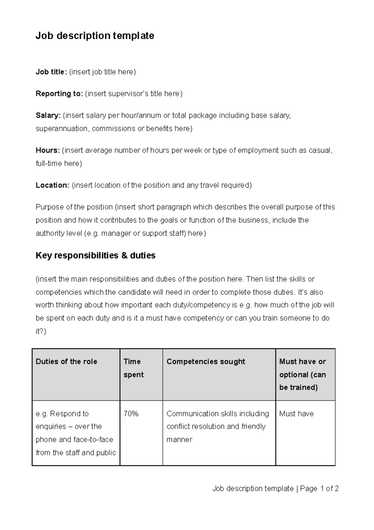 Simple job description template - Job description template Job title ...