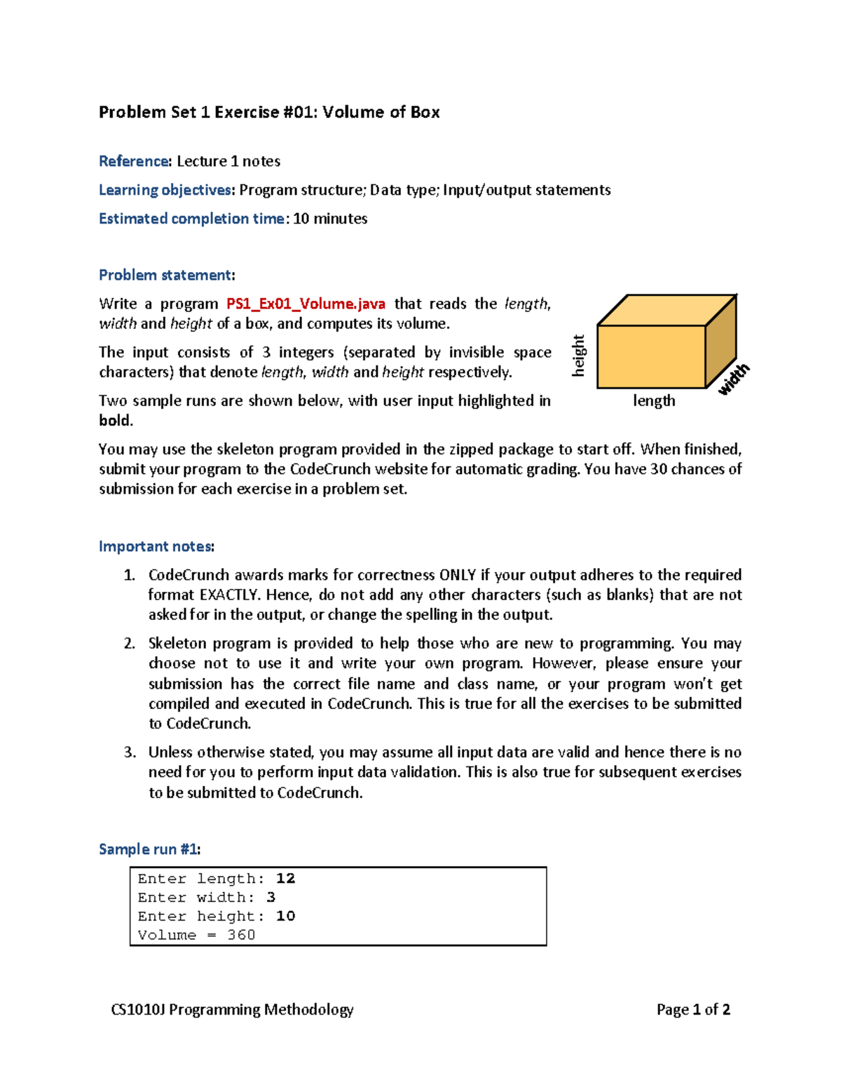 Ps1 Ex01 Volume Of Box Java Programming Cs1010j Programming