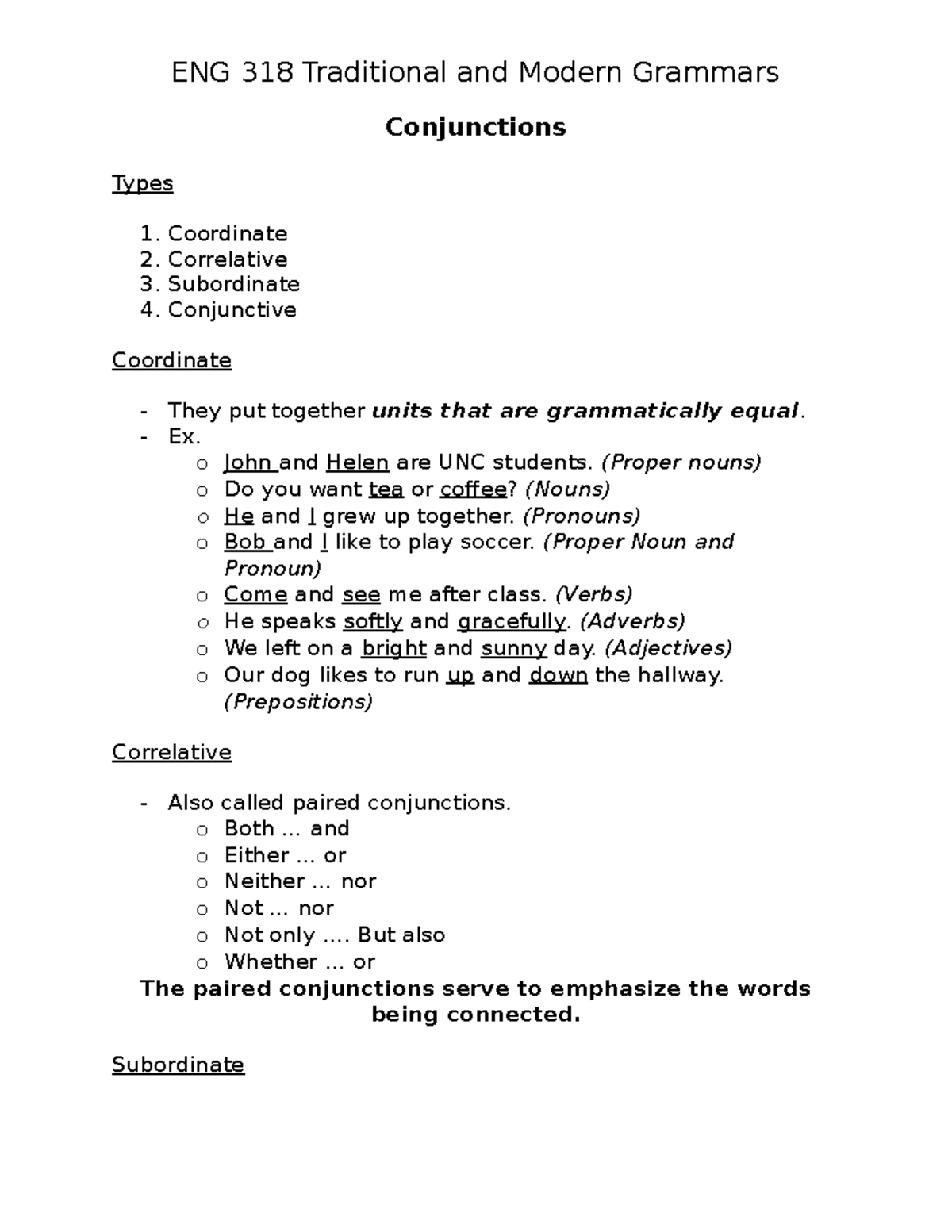 ENG 318 Conjunctions - Lecture notes 5 - ENG 318 Traditional and Modern ...