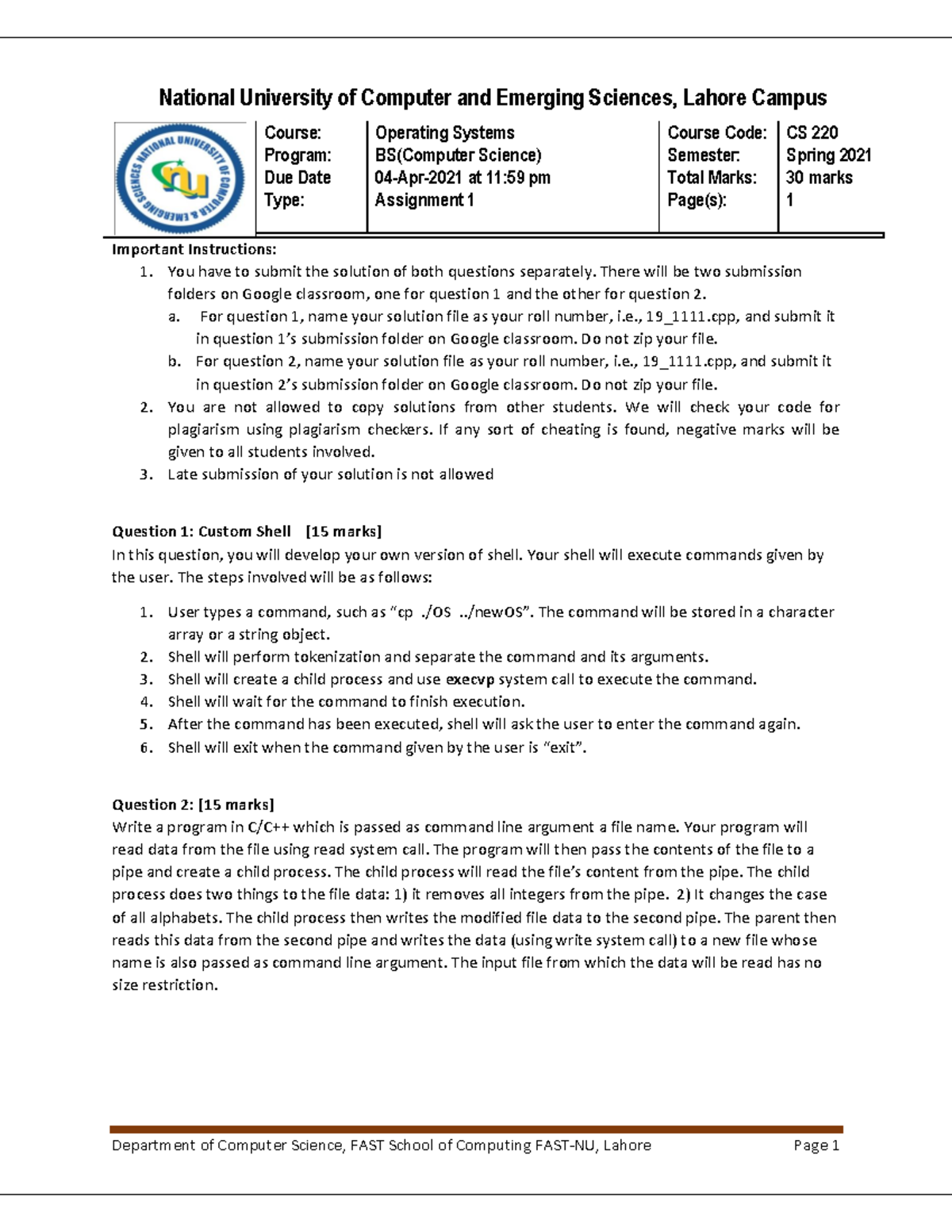 Assignment 1 - it has some problems to solve in it. - Department of ...