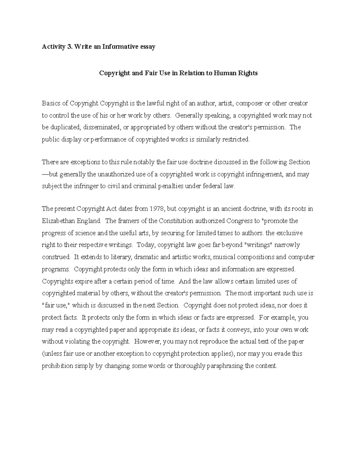 Worksheet #5 Activity 3 - Informative essay - Activity 3. Write an ...