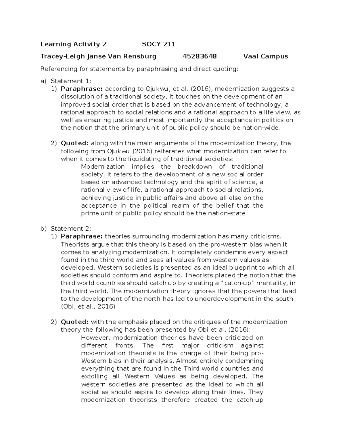 LA 2 - Learning Activity 2 SOCY 211 Tracey-Leigh Janse Van Rensburg ...