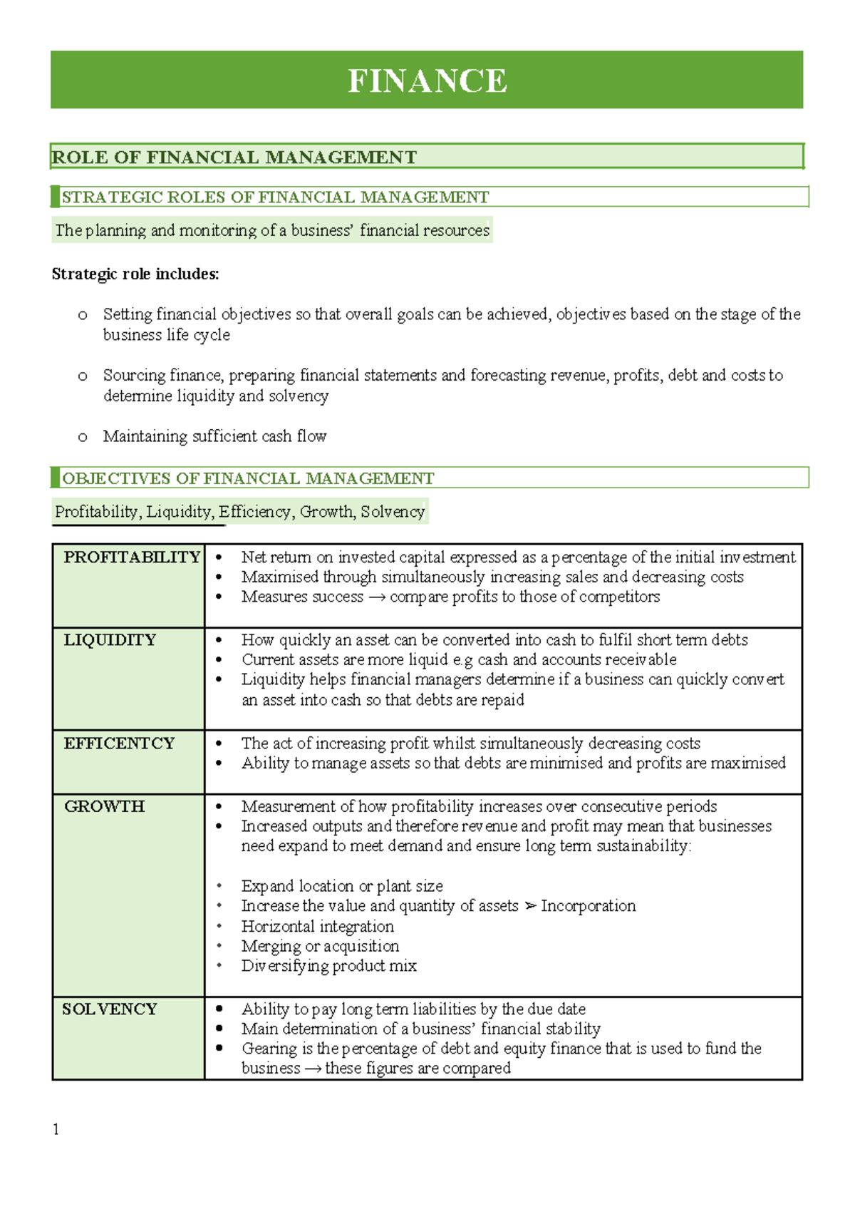 Finance Notes - Business Studies - FINANCE ROLE OF FINANCIAL MANAGEMENT ...