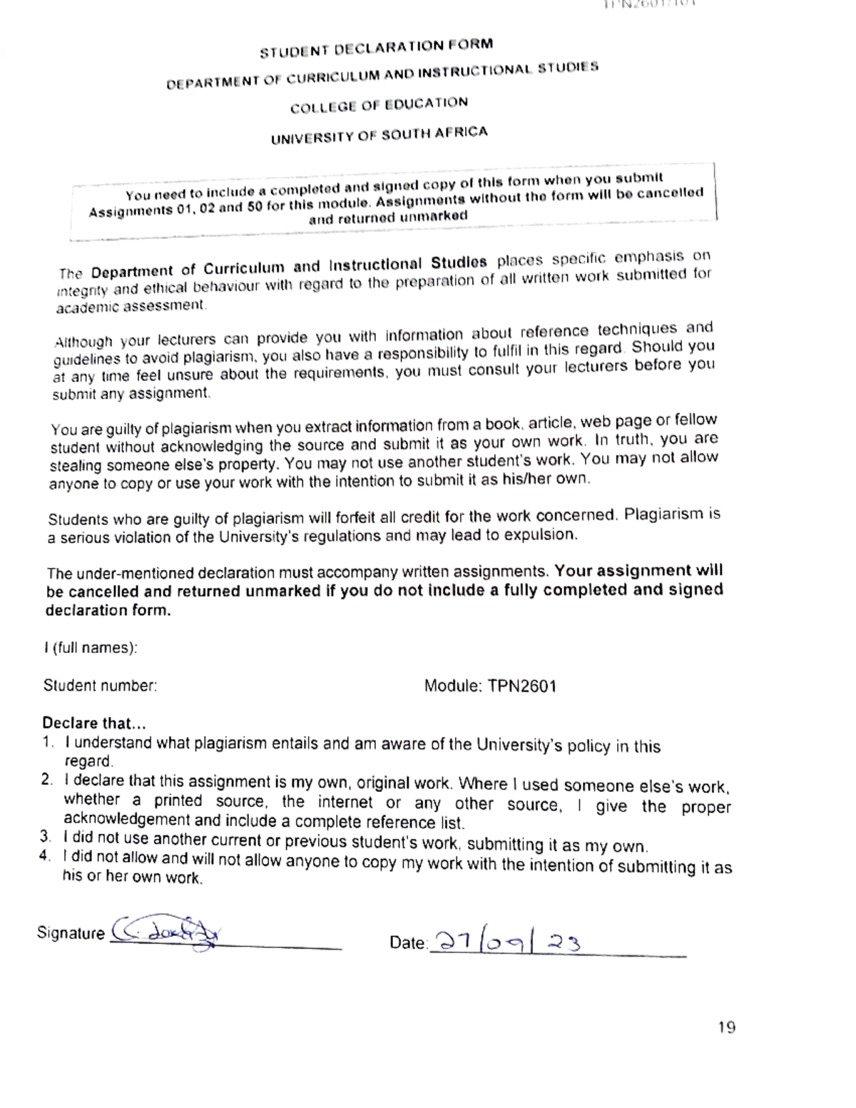 Tpn assignment 2 - You need to include a completed and signed copy of ...