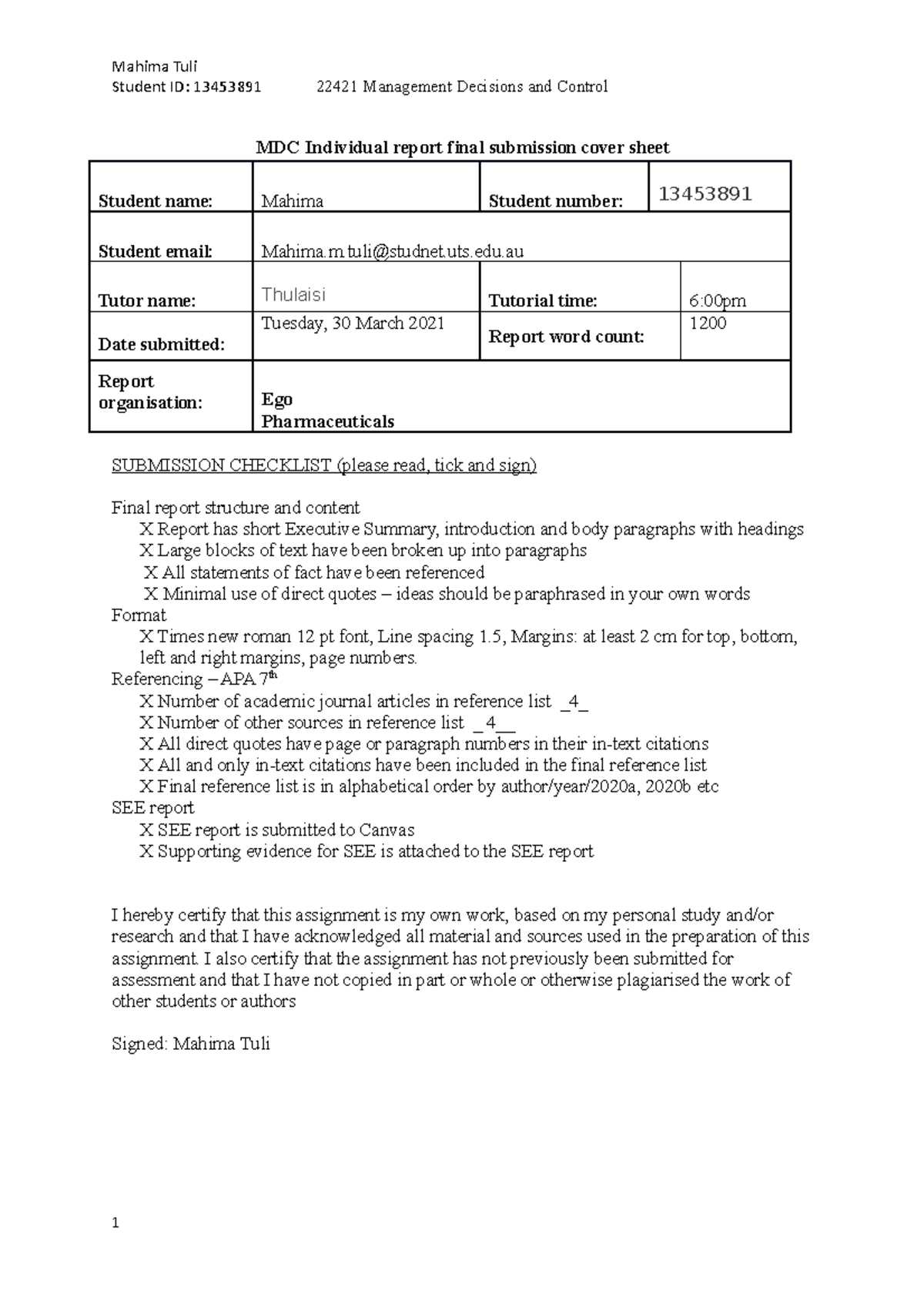 MDC Individual Assignment Cover Sheet - Student ID: 13453891 22421 ...