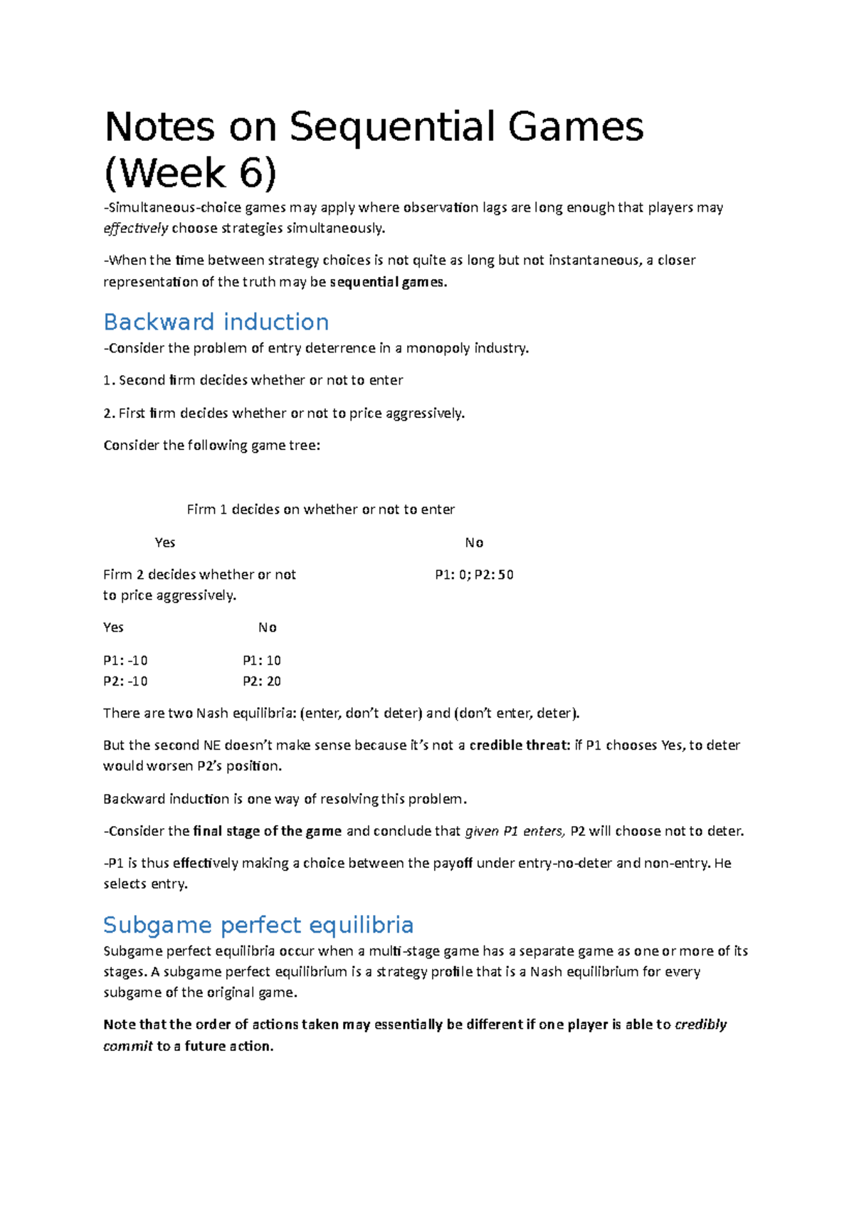 Summary of Topic - Sequential Games - Notes on Sequential Games (Week 6 ...