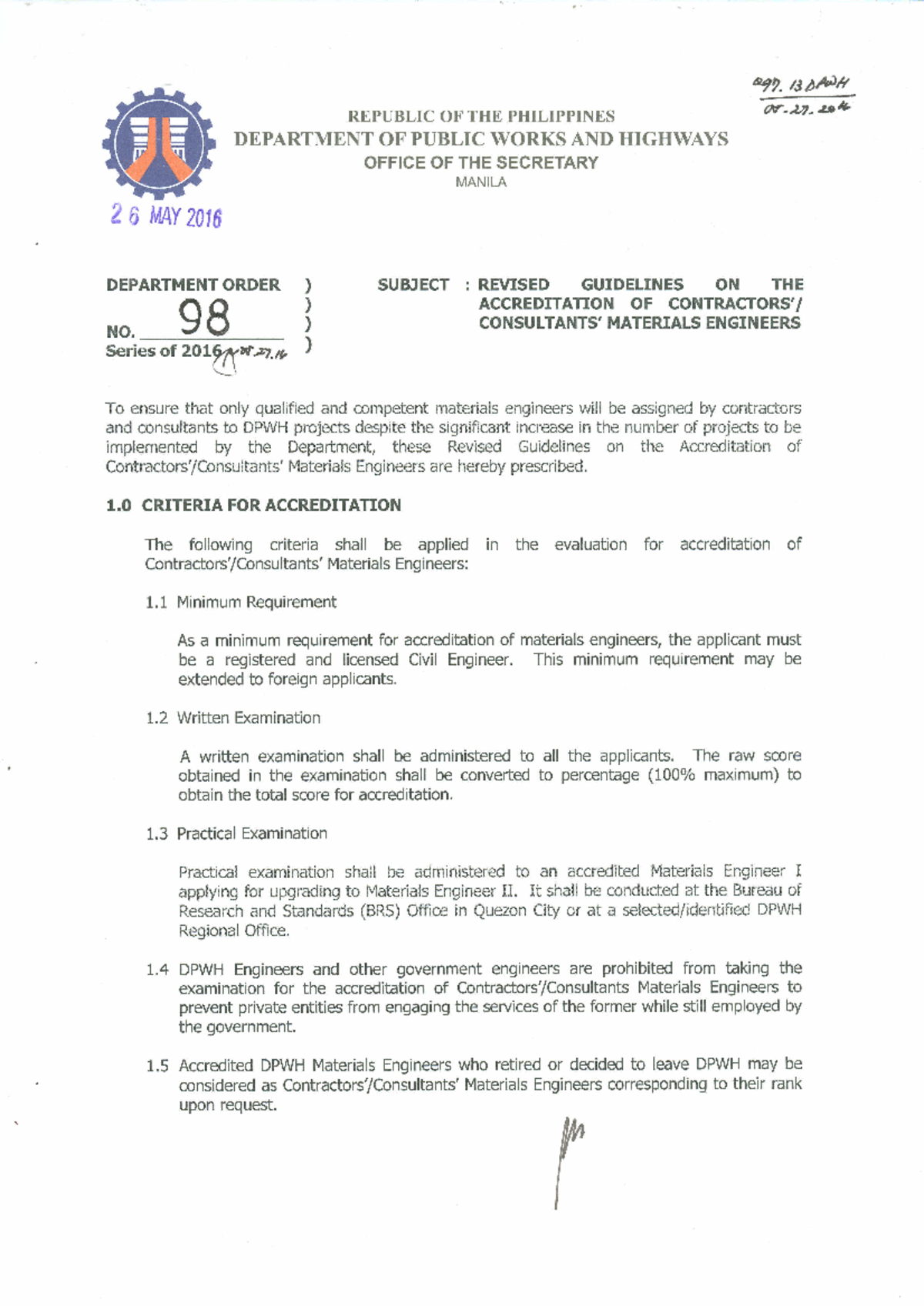 X DO 098 s2016 - Department Order - 2 6 MAY 2016 REPUBLIC OF THE ...