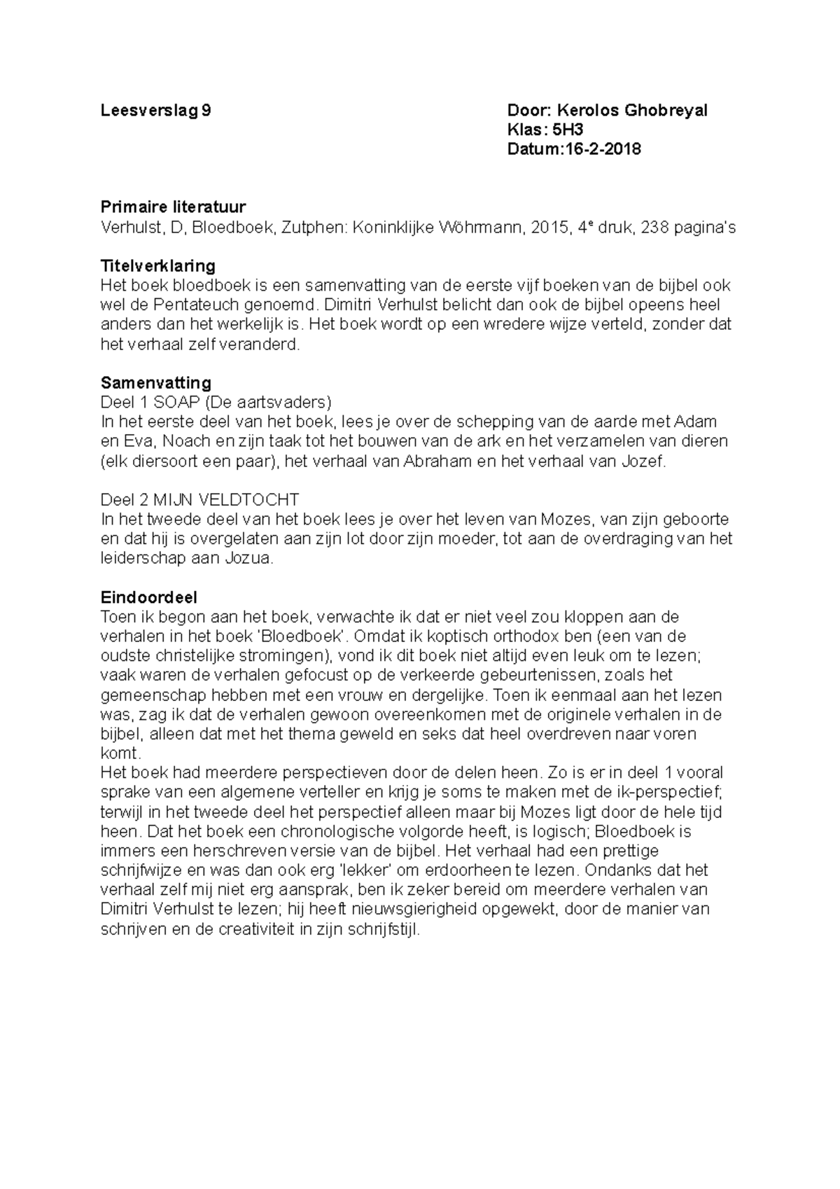 Leesverslag Bloedboek - Leesverslag 9 Door: Kerolos Ghobreyal Klas: 5H ...