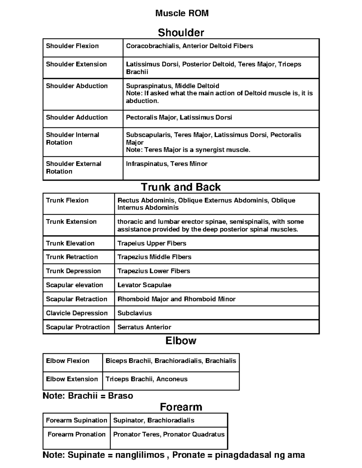 Muscle ROM - Notes for Physical Therapy - Muscle ROM Shoulder Shoulder ...