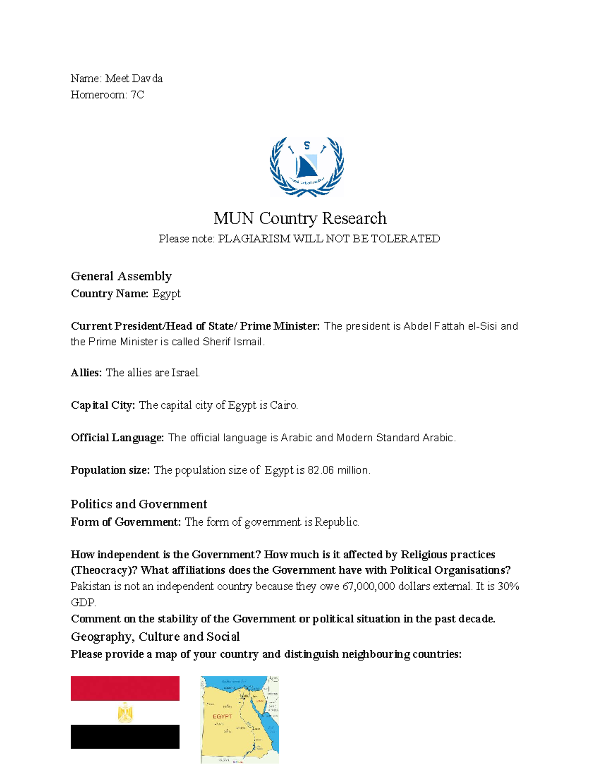 MUN (Egypt) County Research - Name: Meet Davda Homeroom: 7C MUN Country ...