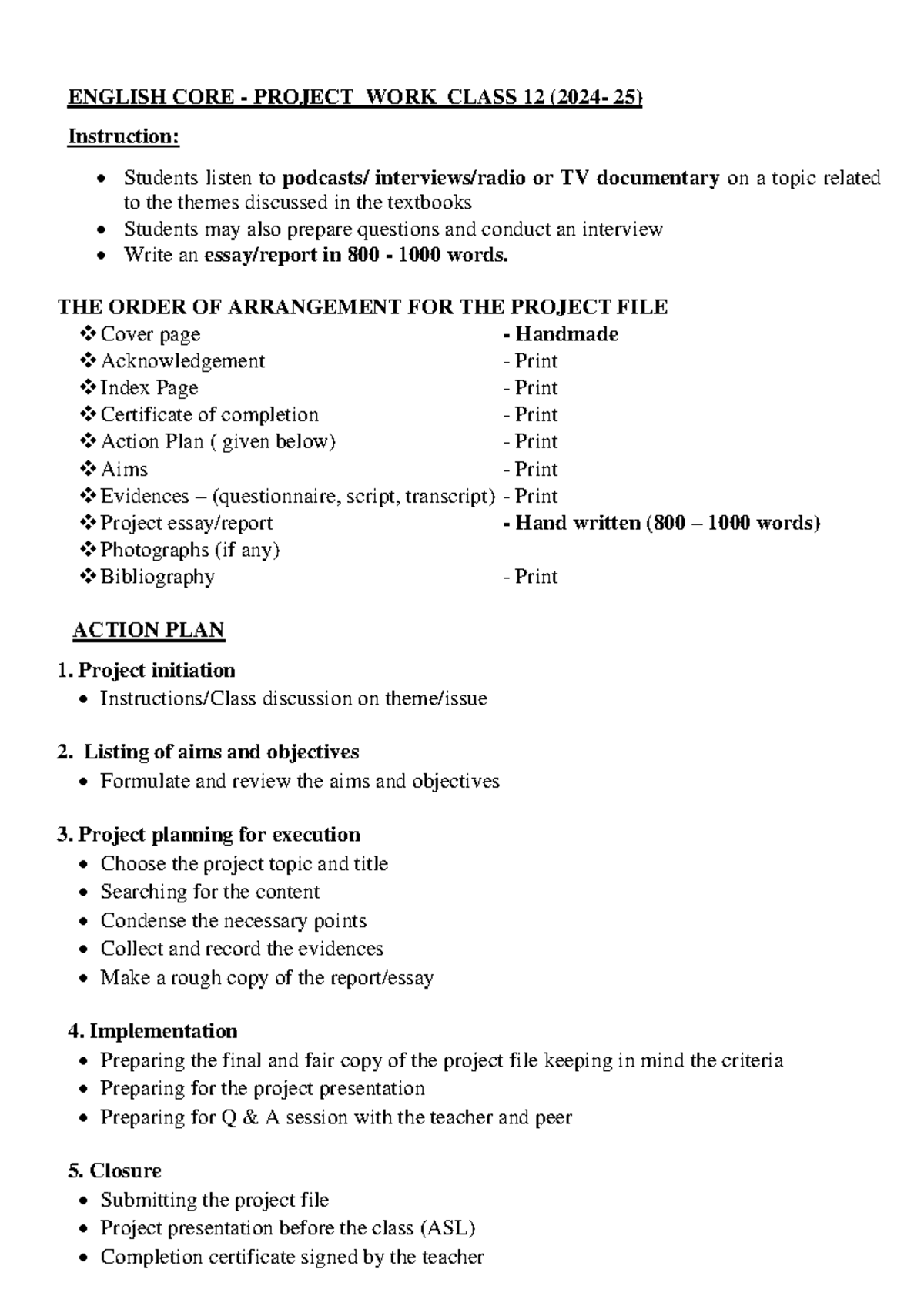 Cl 12 Eng Project -Action plan 2024-25 - ENGLISH CORE - PROJECT WORK ...