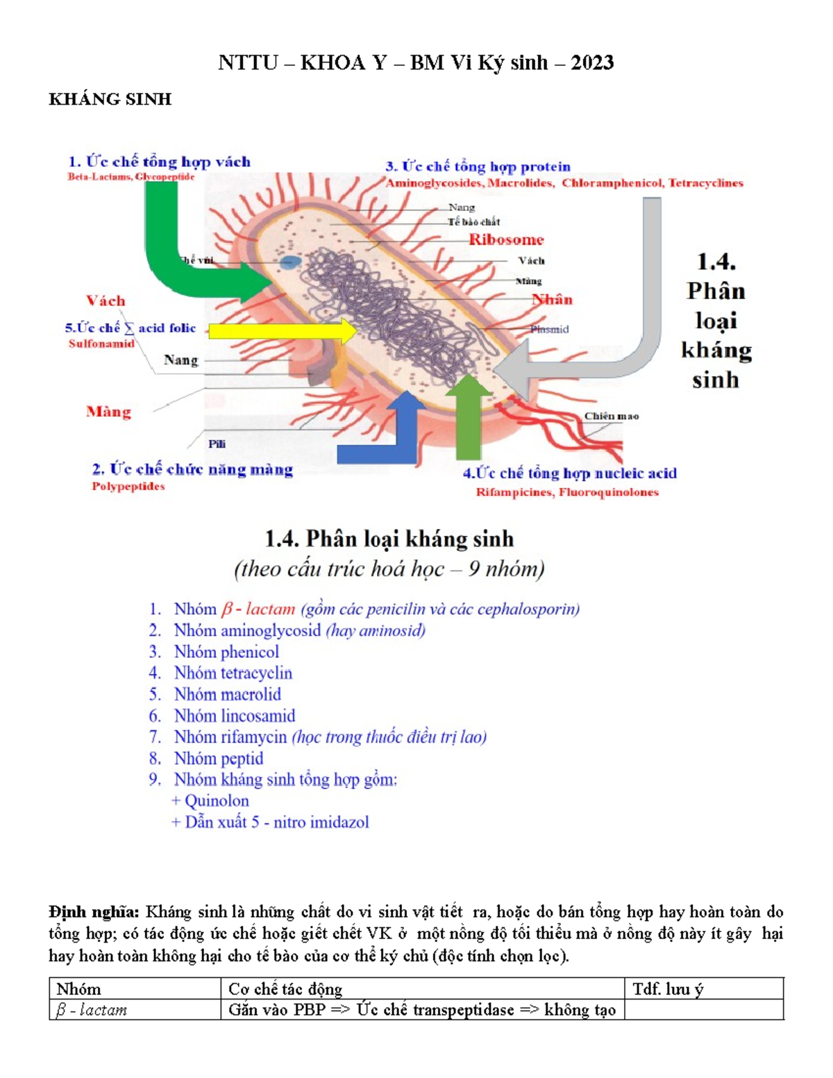 Giúp TRÍ NHỚ VX KNKT NTBV KS 2023 NTTU - NTTU – KHOA Y – BM Vi Ký sinh – 2023 KHÁNG SINH Định ...