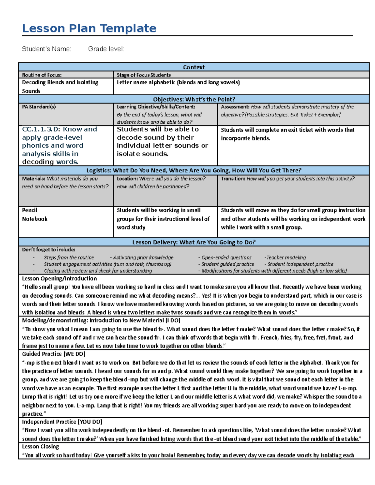 Differentiated Lesson Plan - Lesson Plan Template Student’s Name: Grade ...