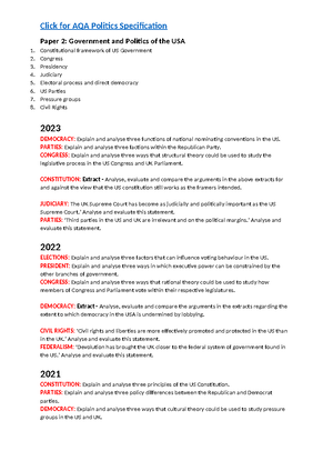 Revision Checklists Edexcel A Level - Revision Checklist – Paper 1 (UK Politics & Core Political ...