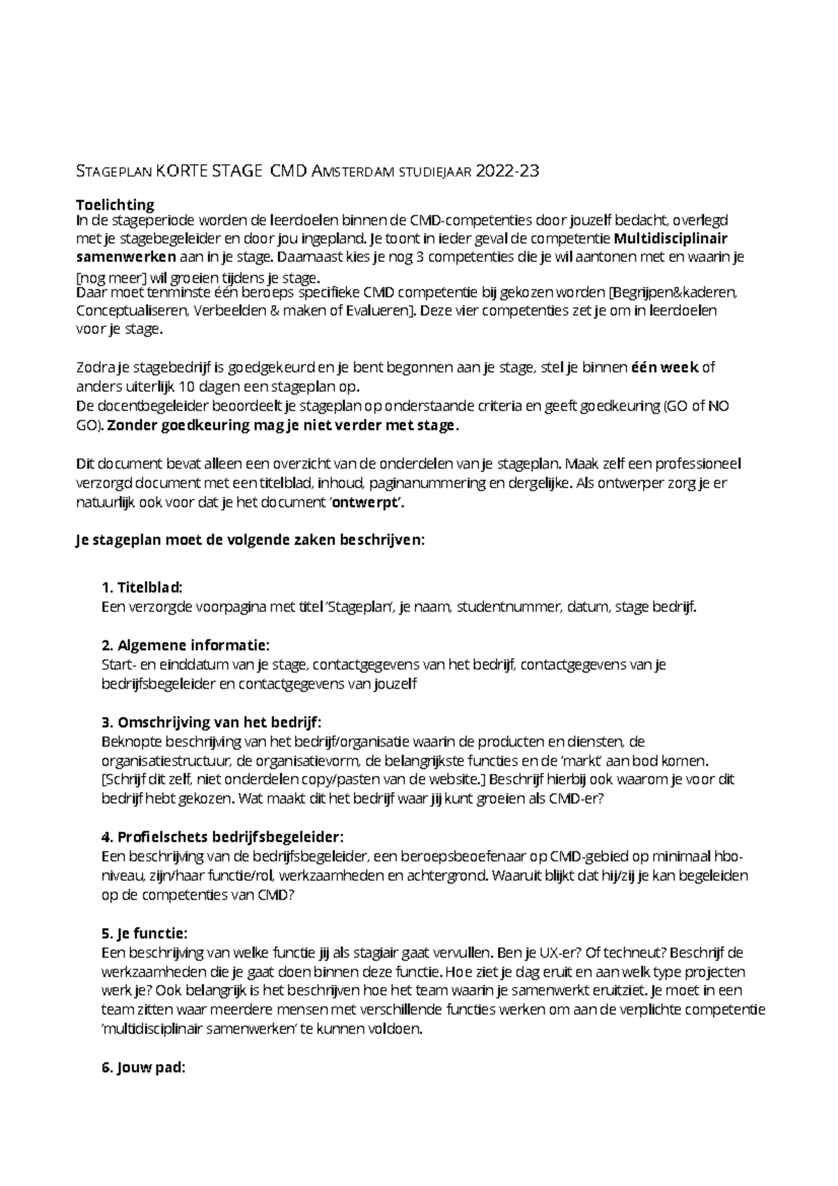 Format Internship Plan - STAGEPLAN KORTE STAGE CMD AMSTERDAM STUDIEJAAR ...