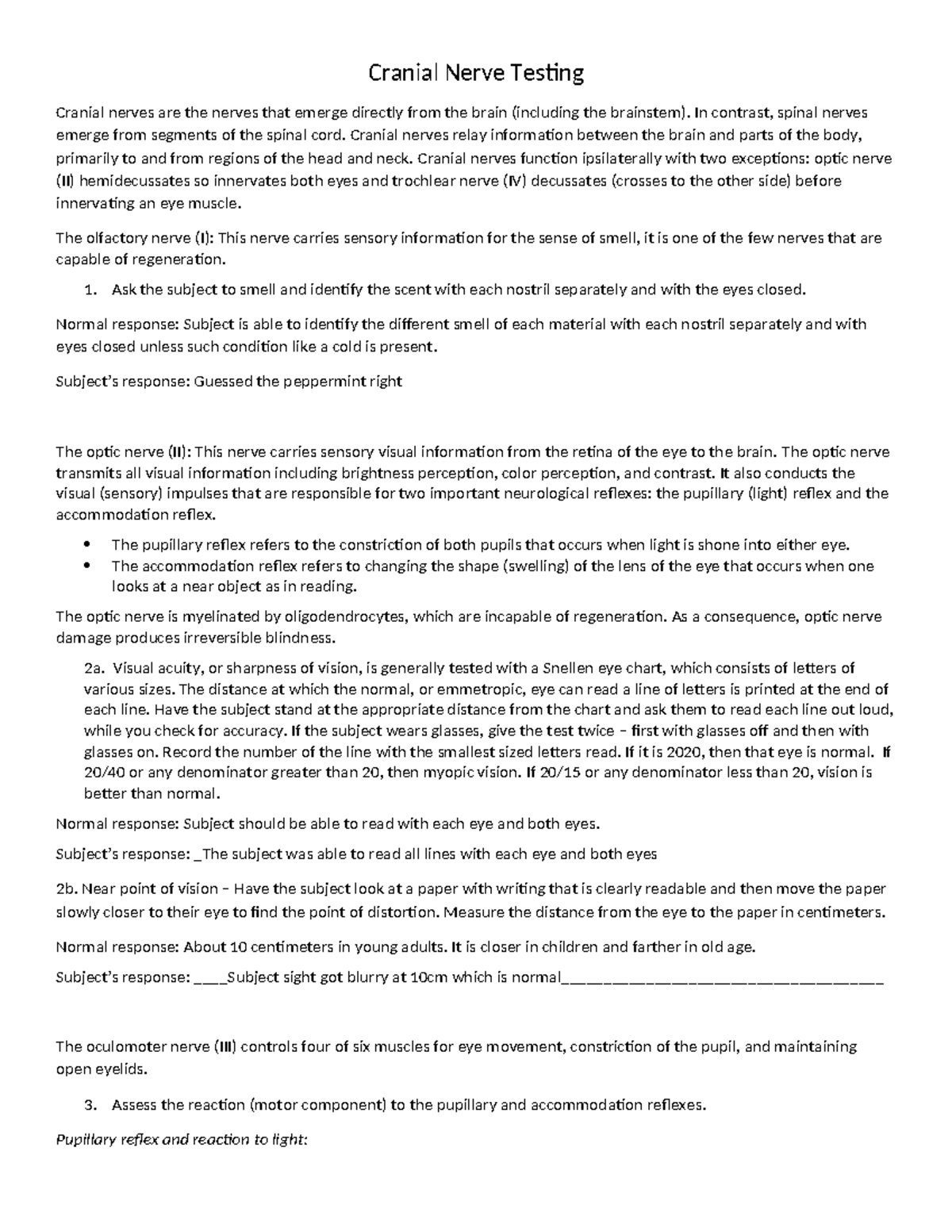 201 Lab 6 - Cranial Nerve Testing - Cranial Nerve Testing Cranial ...