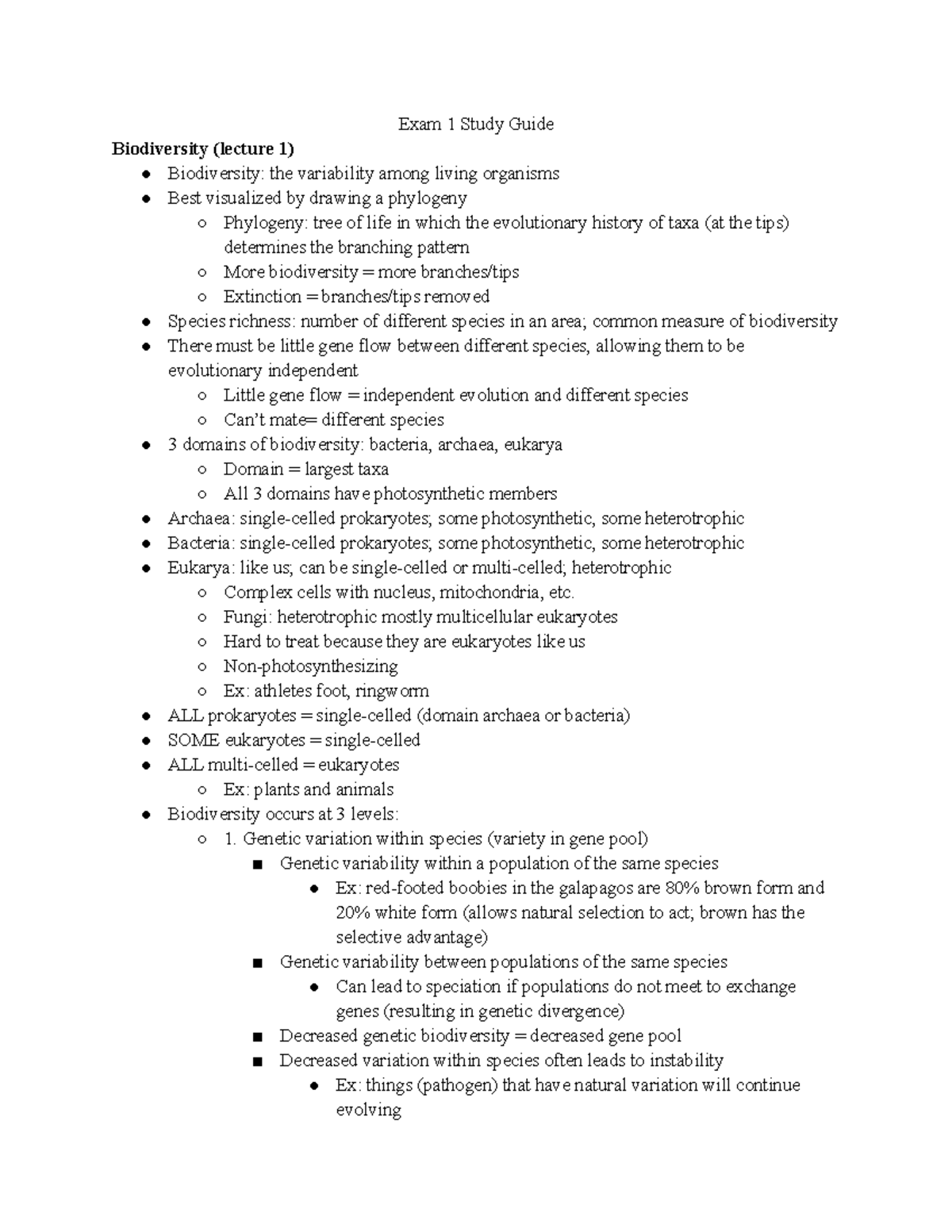 Exam 1 Study Guide - Exam 1 Study Guide Biodiversity (lecture 1 ...