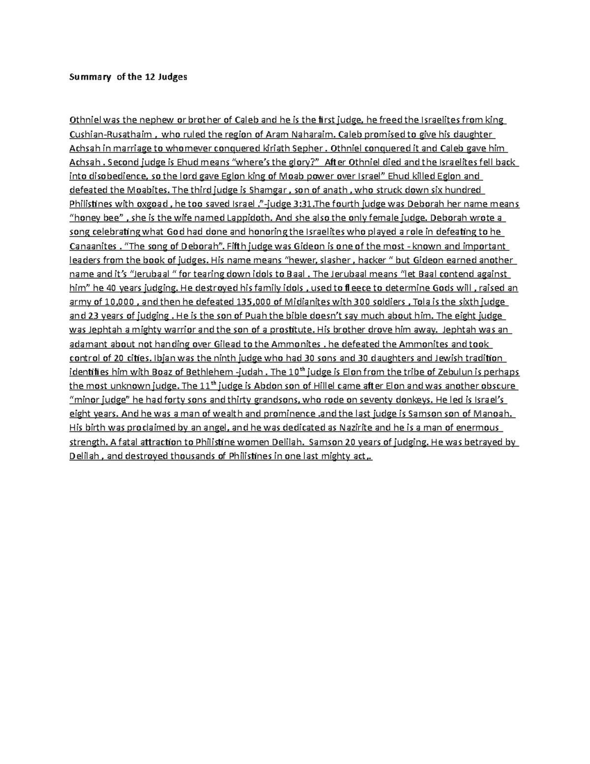 (Srs ) summary of the 12 judges - Summary of the 12 Judges Othniel was ...