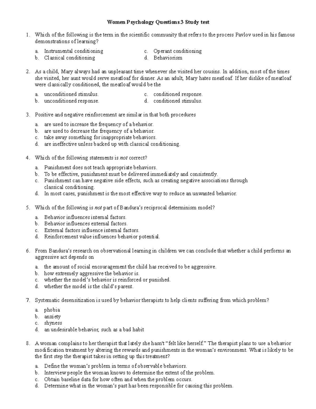 Women Psychology Questions-3 - Instrumental conditioning c. Operant ...