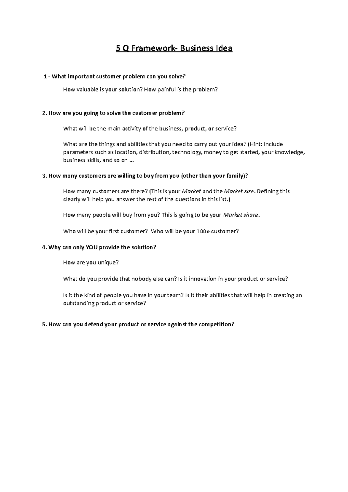 5 Q framework- Business Idea - 5 Q Framework- Business Idea 1 - What ...