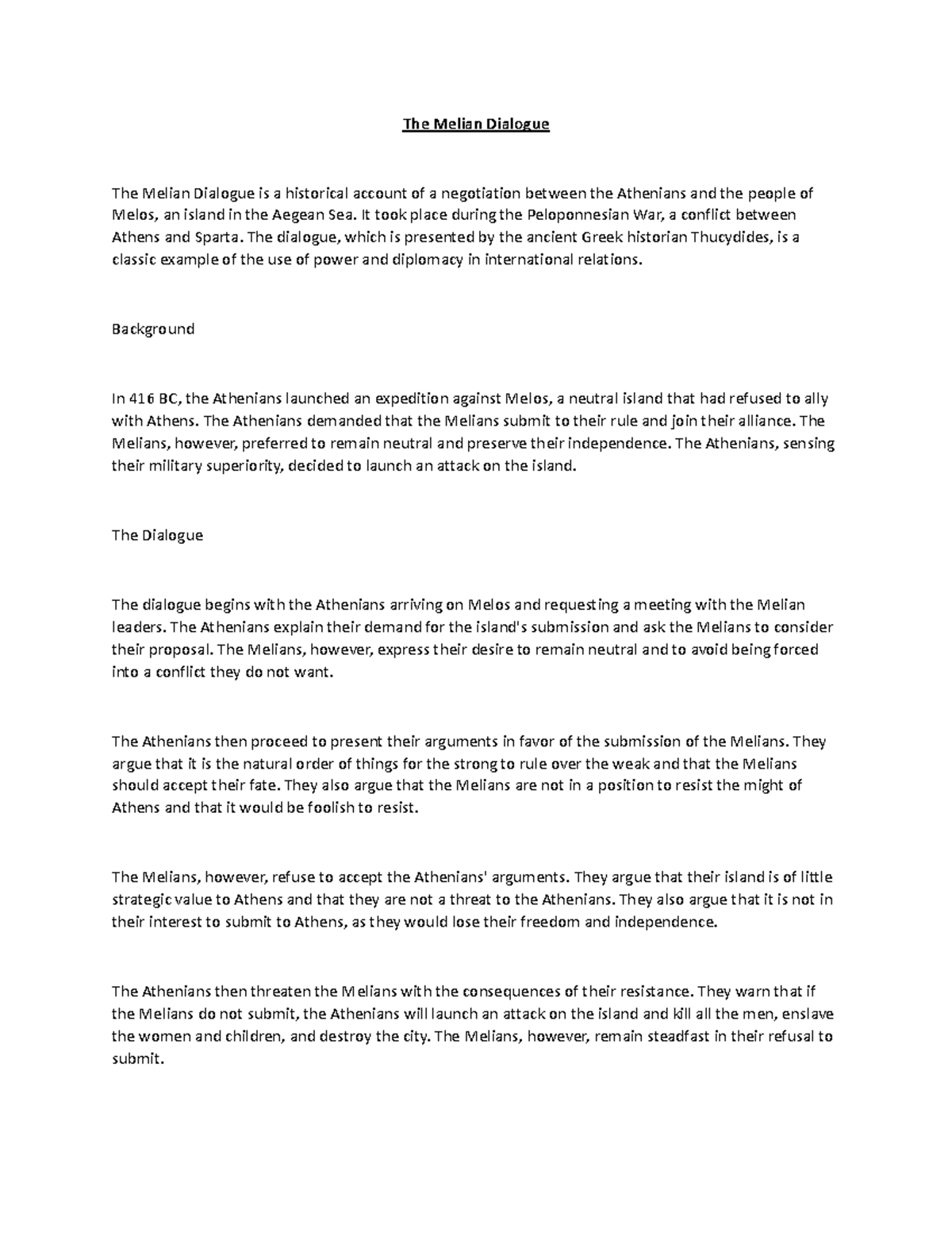 Melian Dialogue - It took place during the Peloponnesian War, a ...