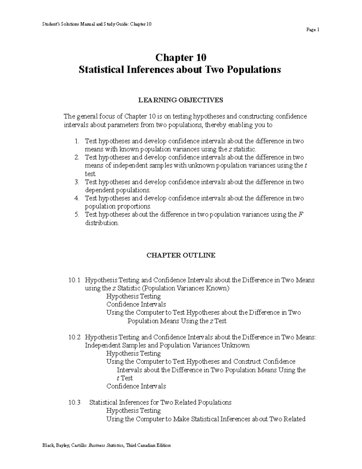 Ssm 10 - ssm - Page 1 Chapter 10 Statistical Inferences about Two Populations LEARNING ...