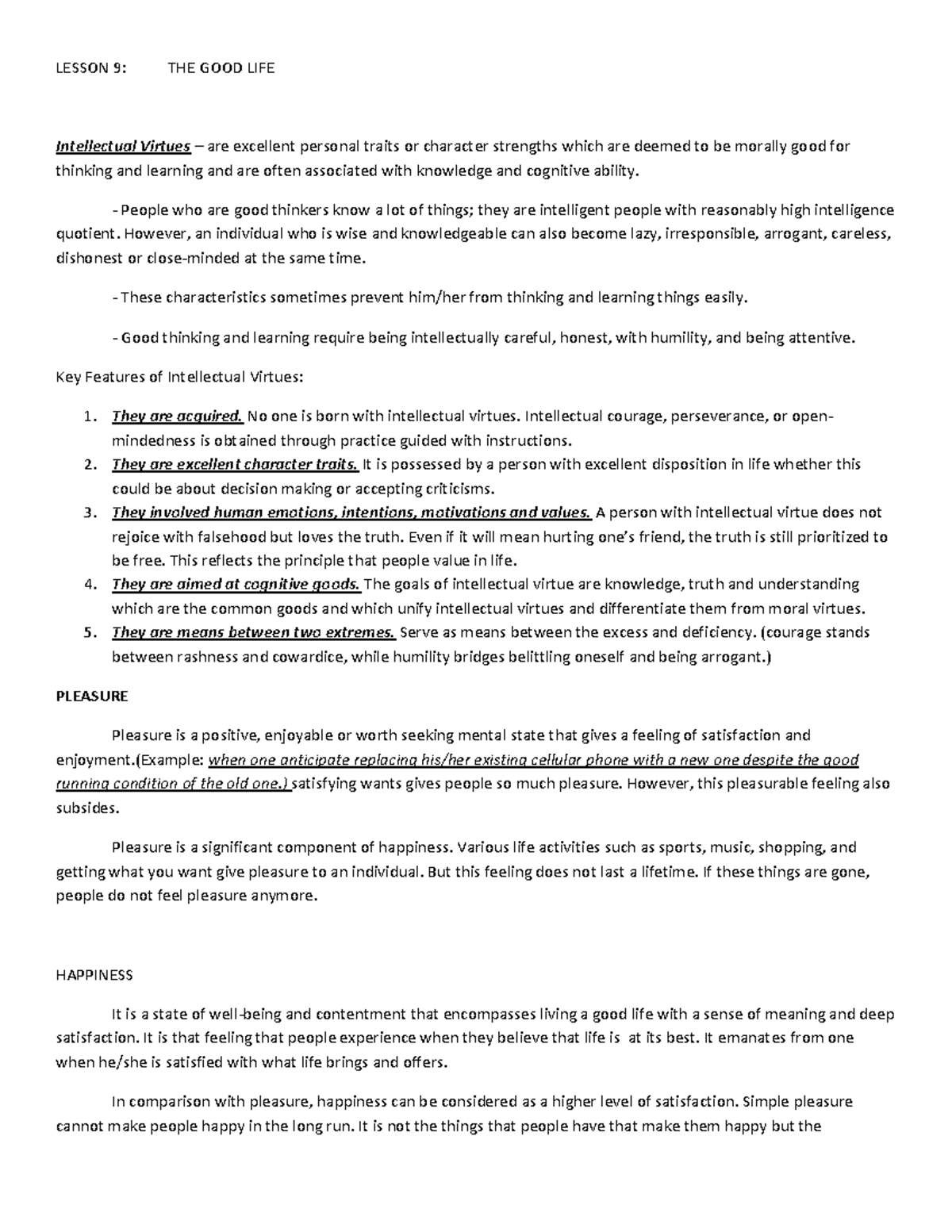 The Good Life - The Good Life - LESSON 9: THE GOOD LIFE Intellectual ...