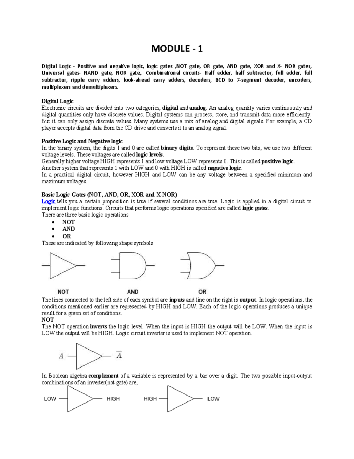 COMPUTER ORGANIZATION Module 1 - MODULE - 1 Digital Logic - Positive ...
