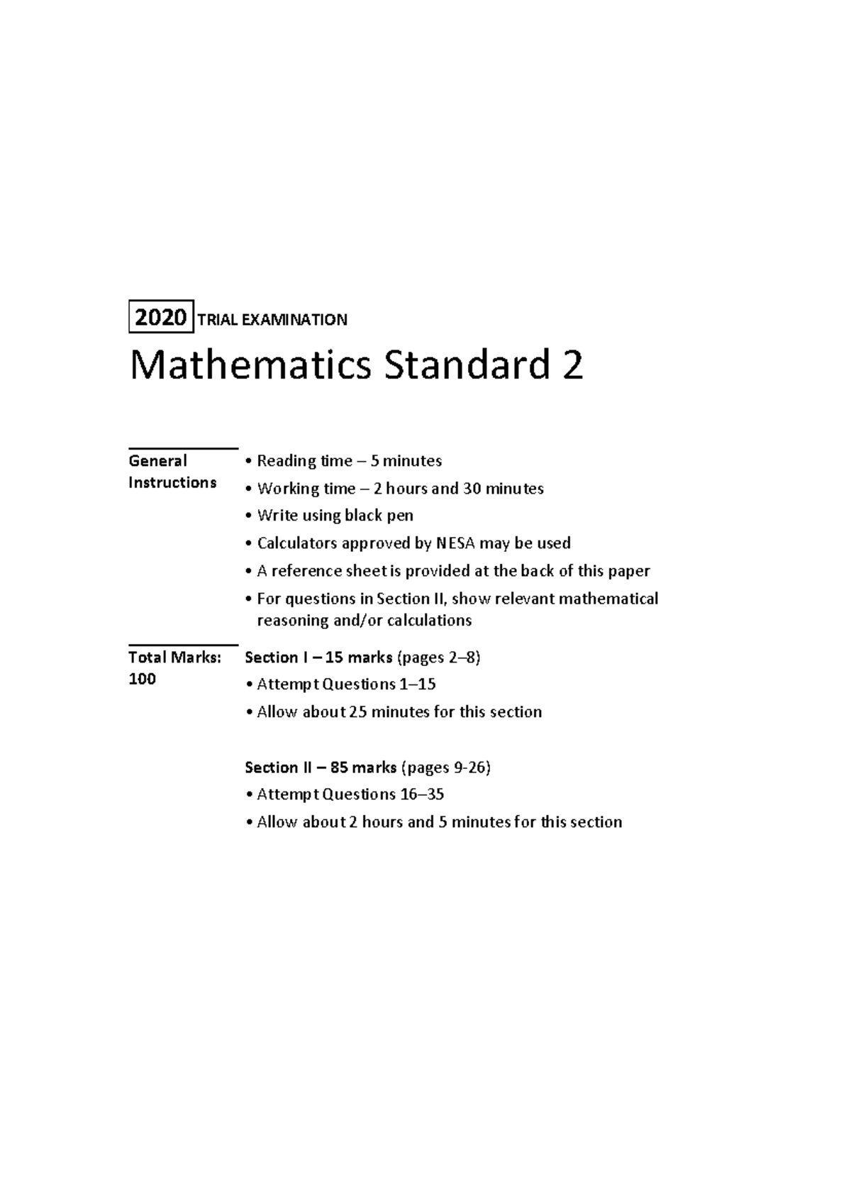 Bookminders 2020 Year 12 Mathematics Standard 2 Examination - 2020 ...