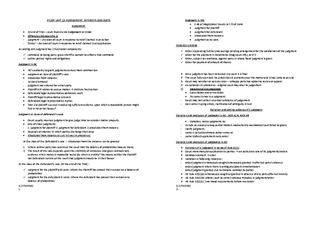 376 SU 13 - Summary Civil Procedure: A Practical Guide - (L) STUDY UNIT ...