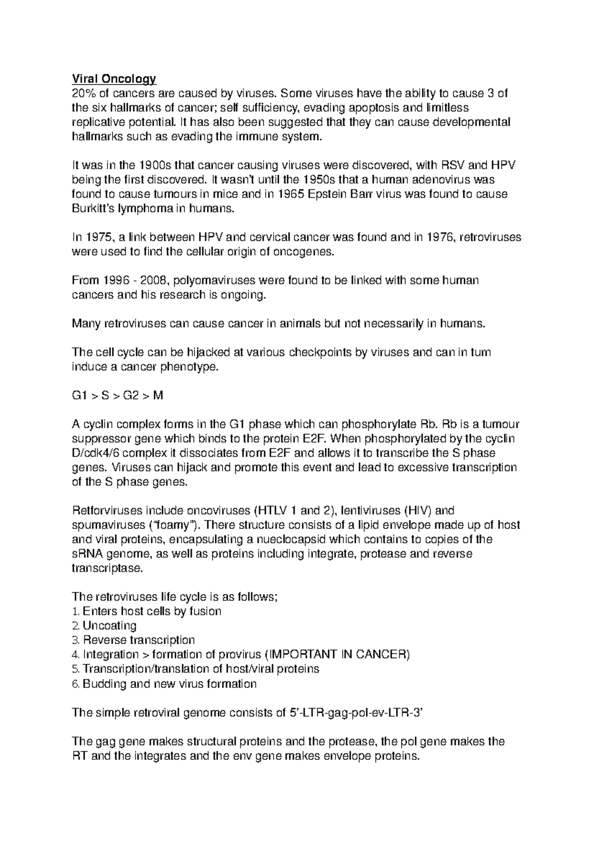 Cancer Biology Lecture notes Lecture 2 - Viral Oncology of cancers are ...