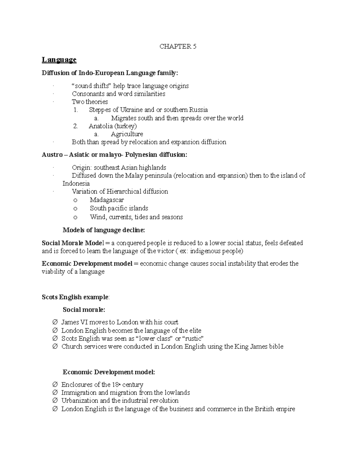 Human geo chapter 5 - CHAPTER 5 Language Diffusion of Indo-European ...