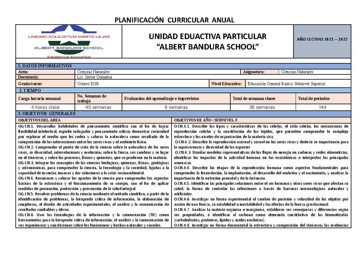 PLAN Anual CCNN 8VO 2021 - 2022 - PLANIFICACIÓN CURRICULAR ANUAL UNIDAD EDUACTIVA PARTICULAR ...