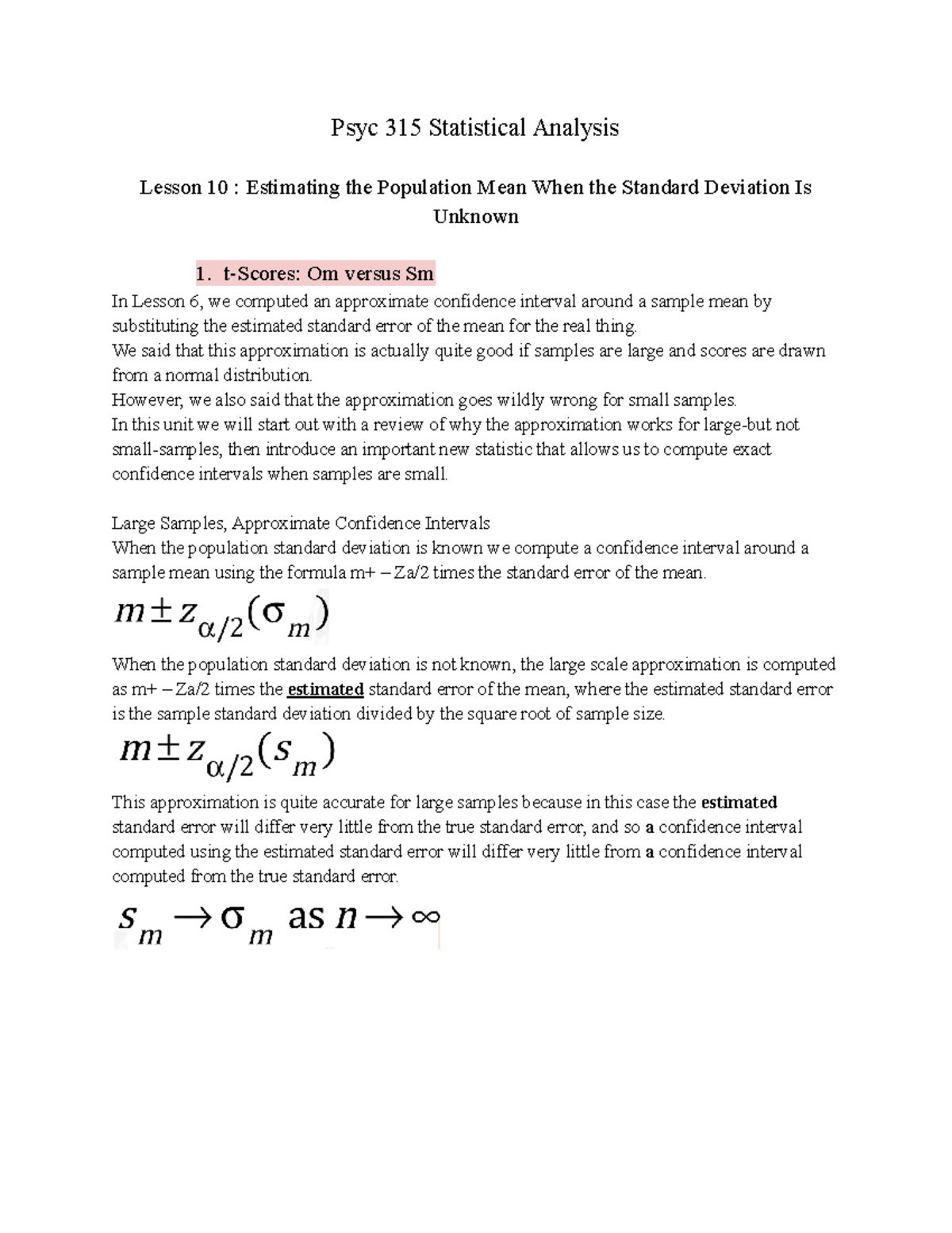 Psyc 315 Lesson 10 - Psyc 315 Statistical Analysis Lesson 10 : Estimating the Population Mean ...