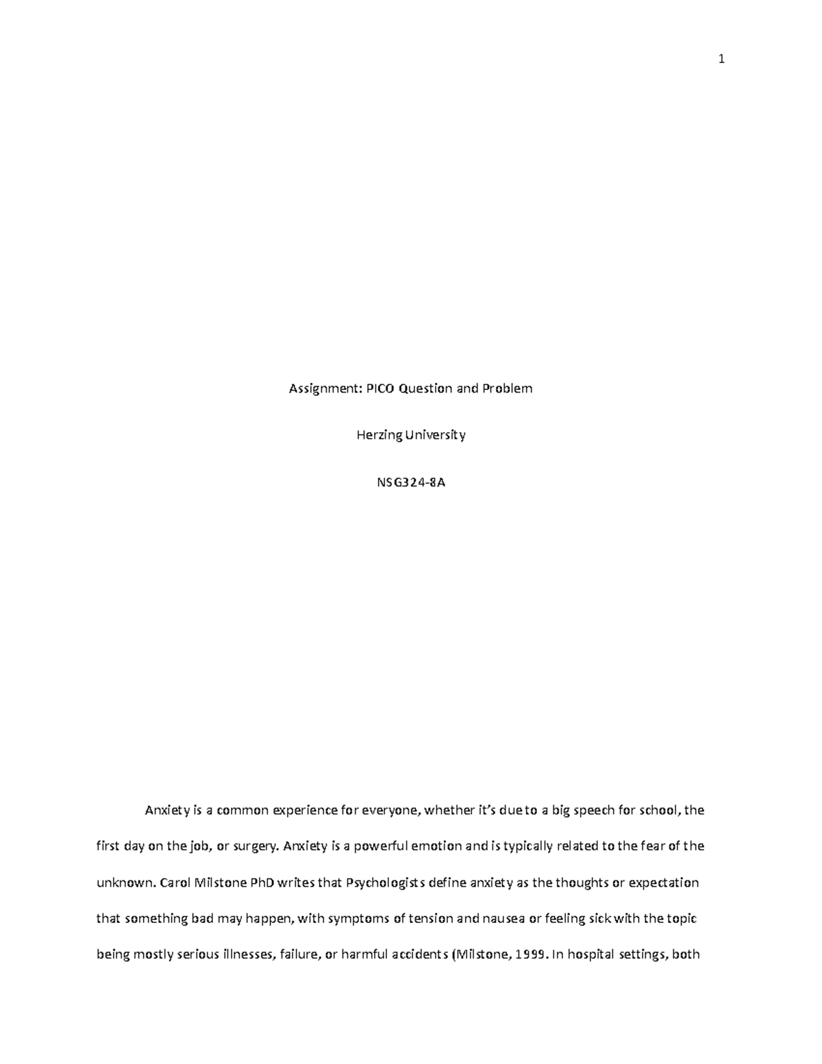 PICO - Problem Paper - Assignment: PICO Question and Problem Herzing University NSG324-8A ...