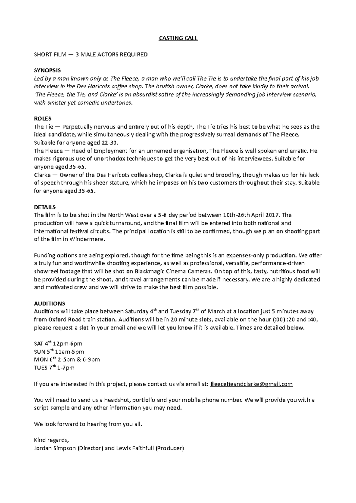 Casting Call - The Fleece, the Tie, and Clarke - CASTING CALL SHORT ...