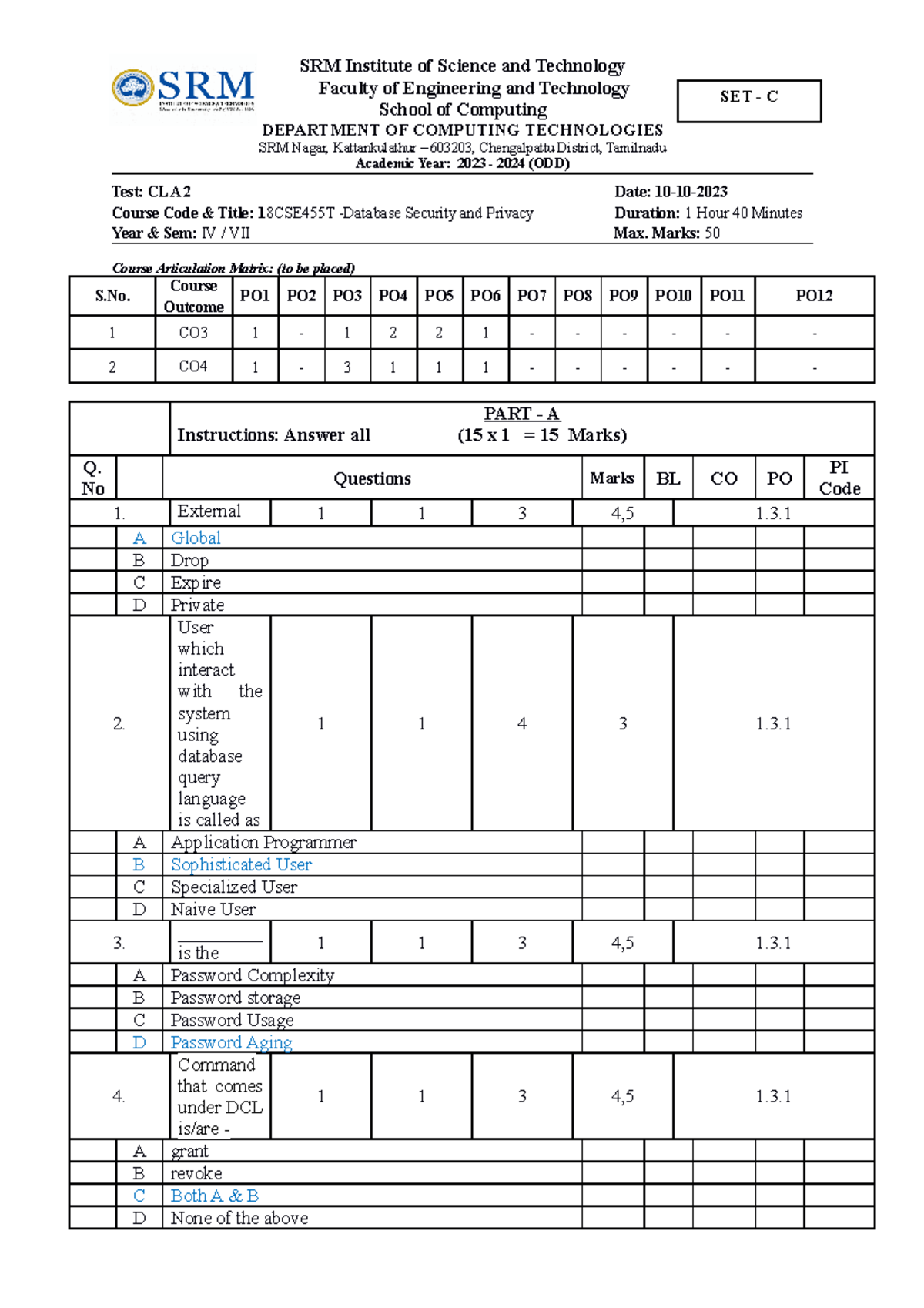 Ct2 Set C Answer Key Srm Institute Of Science And Technology Faculty Of Engineering And