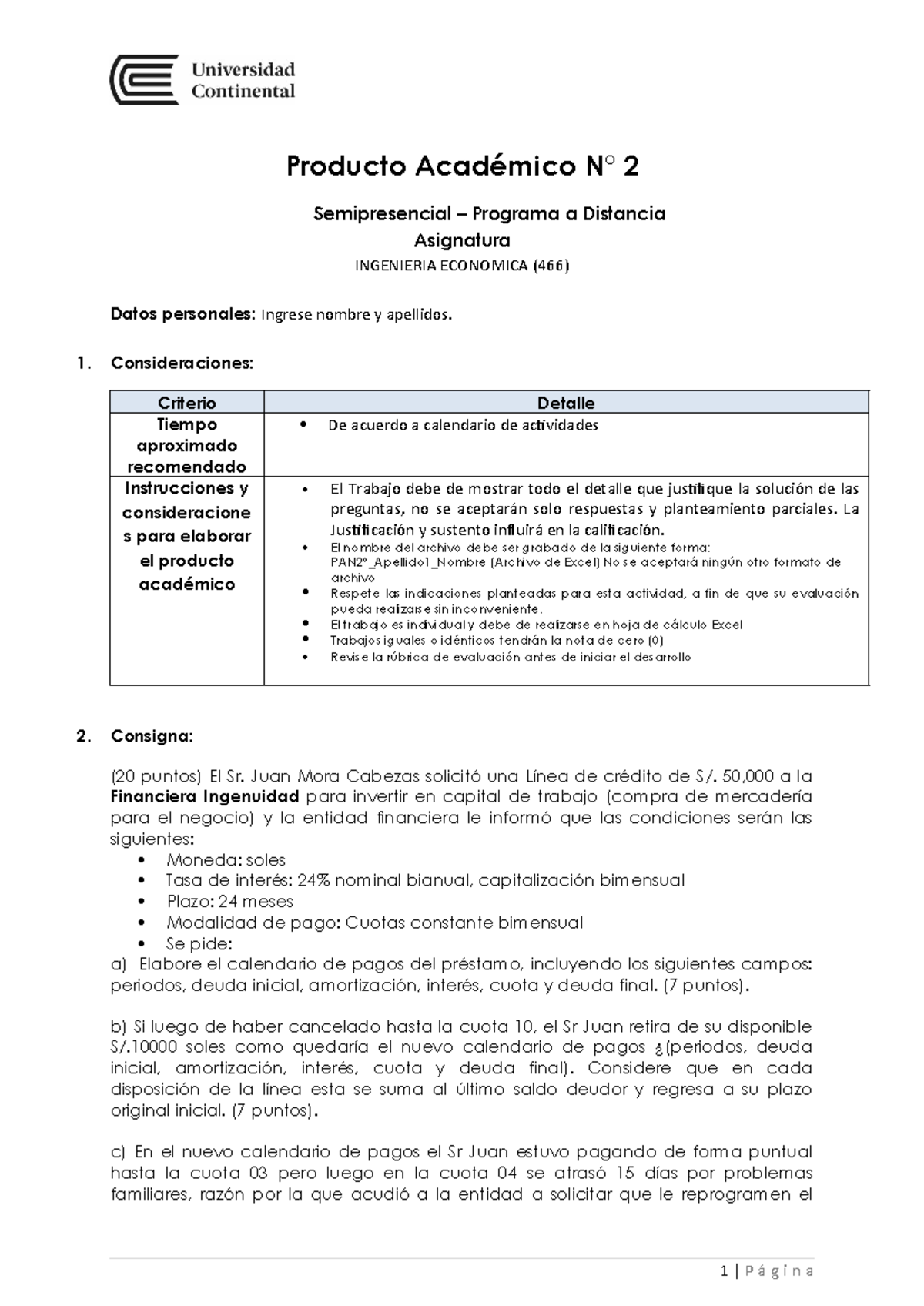 PA02 Ingenieria Economica 2024 10A - Producto Académico N° 2 Semipresencial – Programa a ...