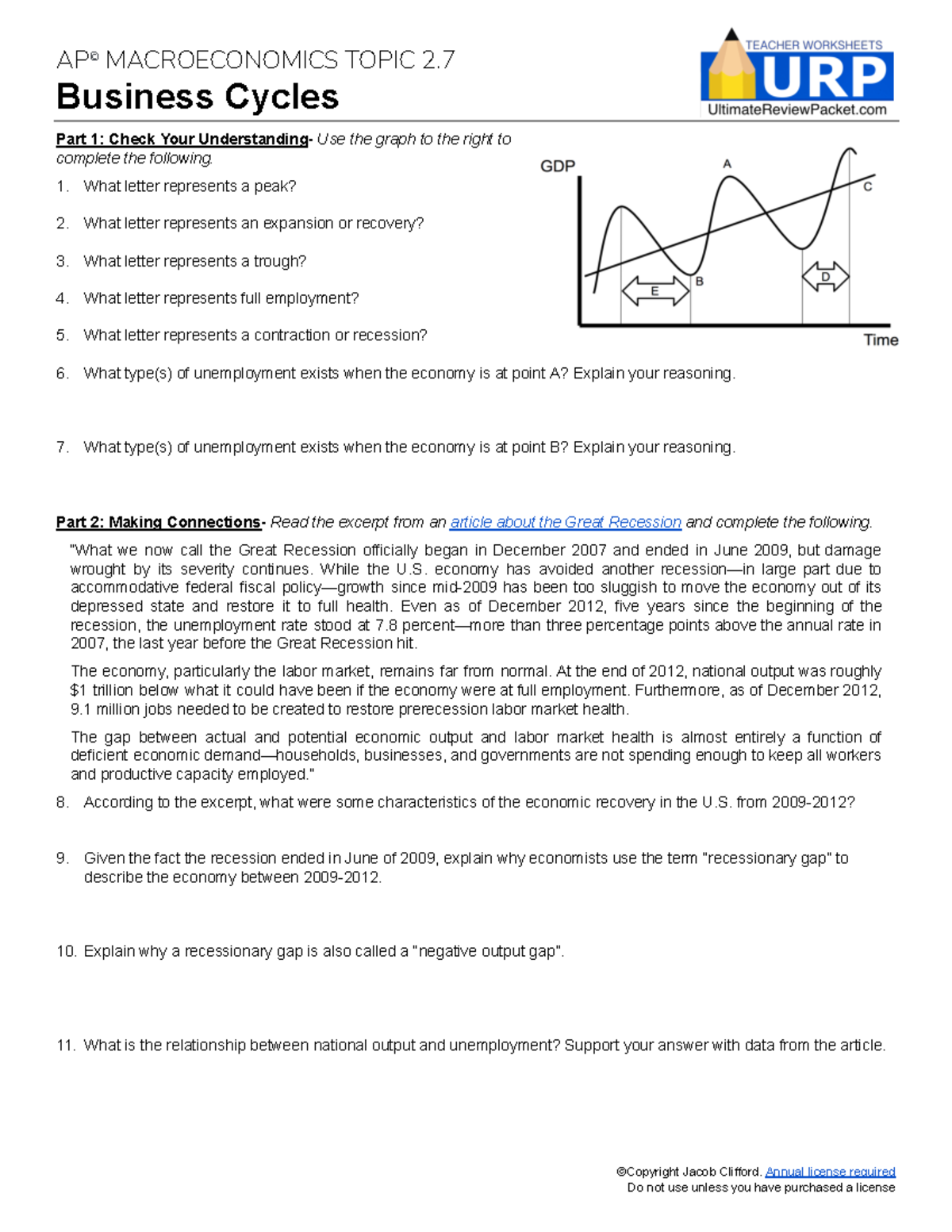 Business Cycles Worksheet - AP© MACROECONOMICS TOPIC 2. 7 Business Cycles Part 1 : Check Your ...