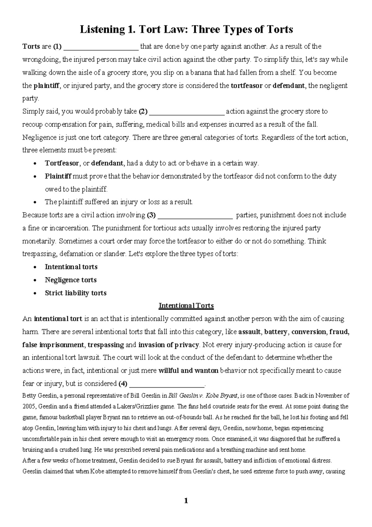 Tort law - hand out 1 - Bài tập Tiếng Anh pháp lý - 1 Listening 1. Tort ...
