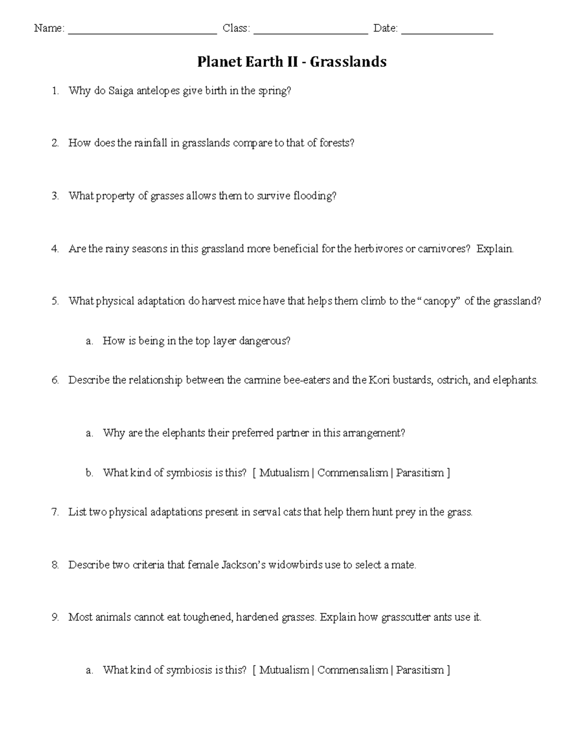 Planet Earth II - Grasslands - Name: __________________________ Class