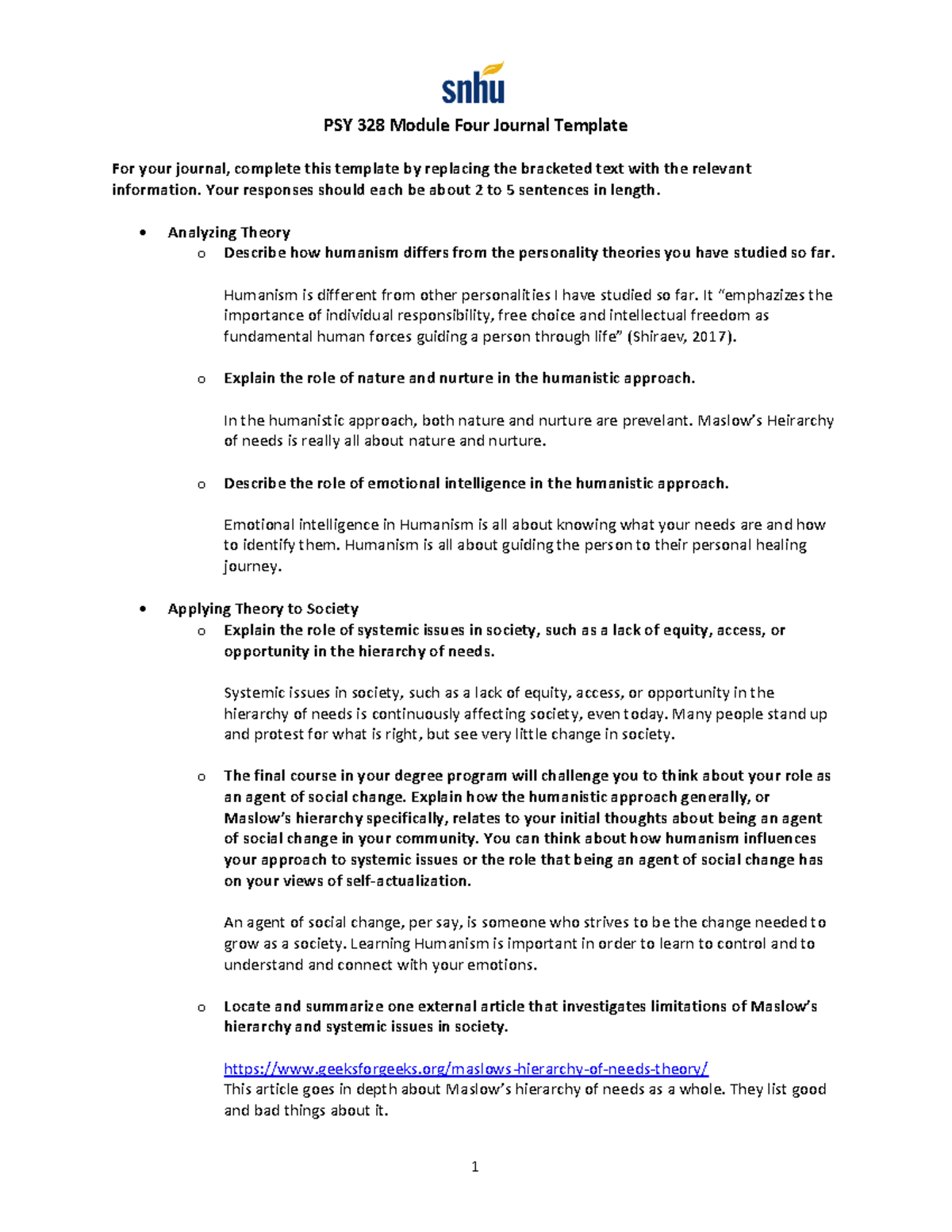PSY 328 Module Four Journal Template - 1 PSY 328 Module Four Journal ...