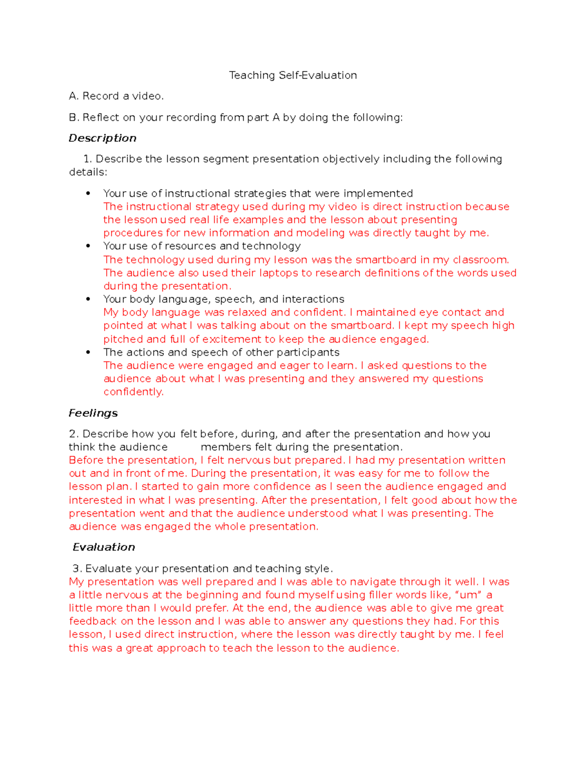 Task 4- Teaching self-evaluation - Teaching Self-Evaluation A. Record a ...