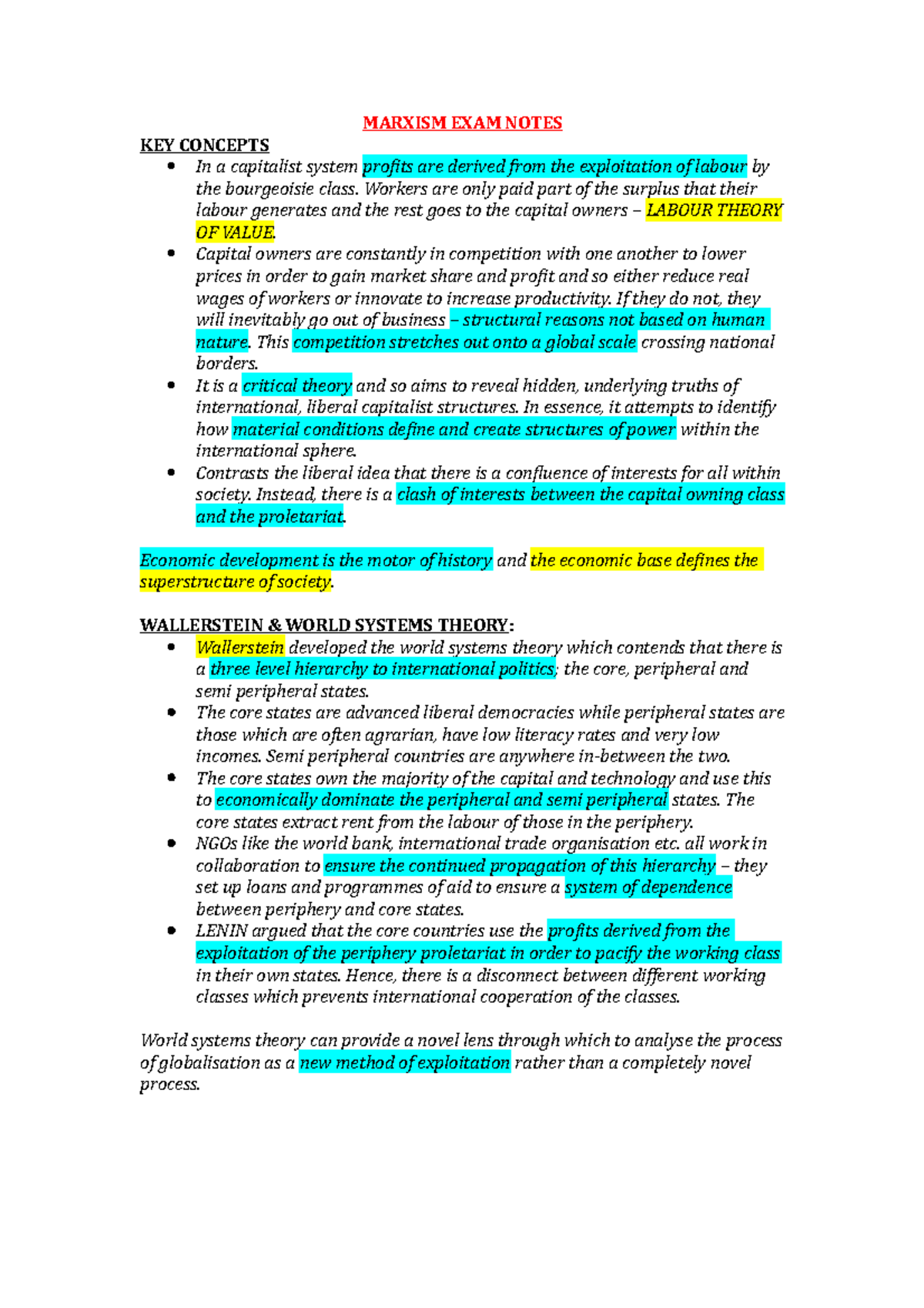 Marxism-Exam- Notes - MARXISM EXAM NOTES KEY CONCEPTS In a capitalist ...