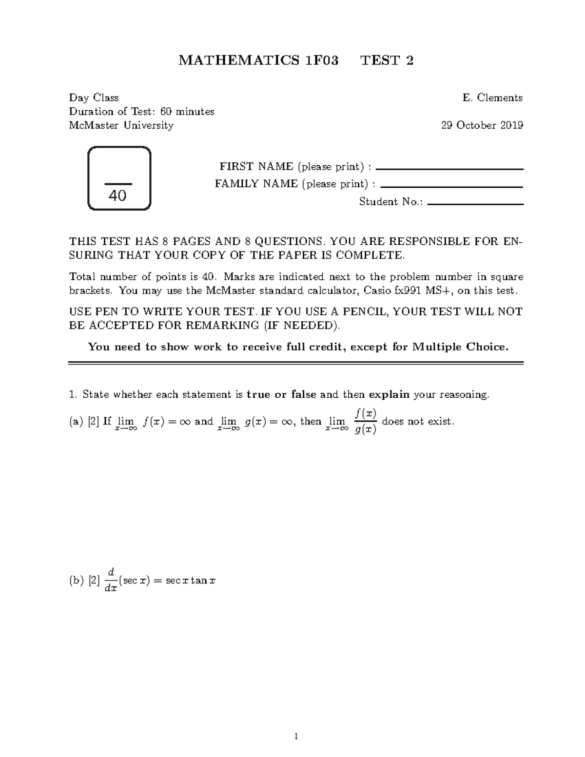 1F03 T2 fall2019 + - Practice test 2 - MATHEMATICS 1F03 TEST 2 Day ...