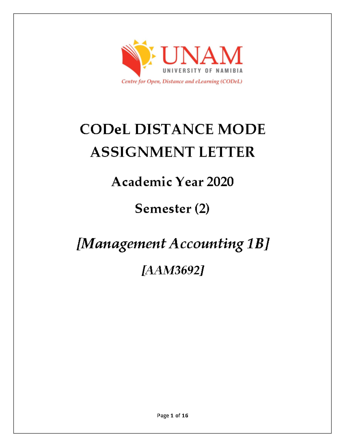 2020 Distance Assignments - AAM3692 - Management Accounting 1B - Warning: TT: undefined function ...