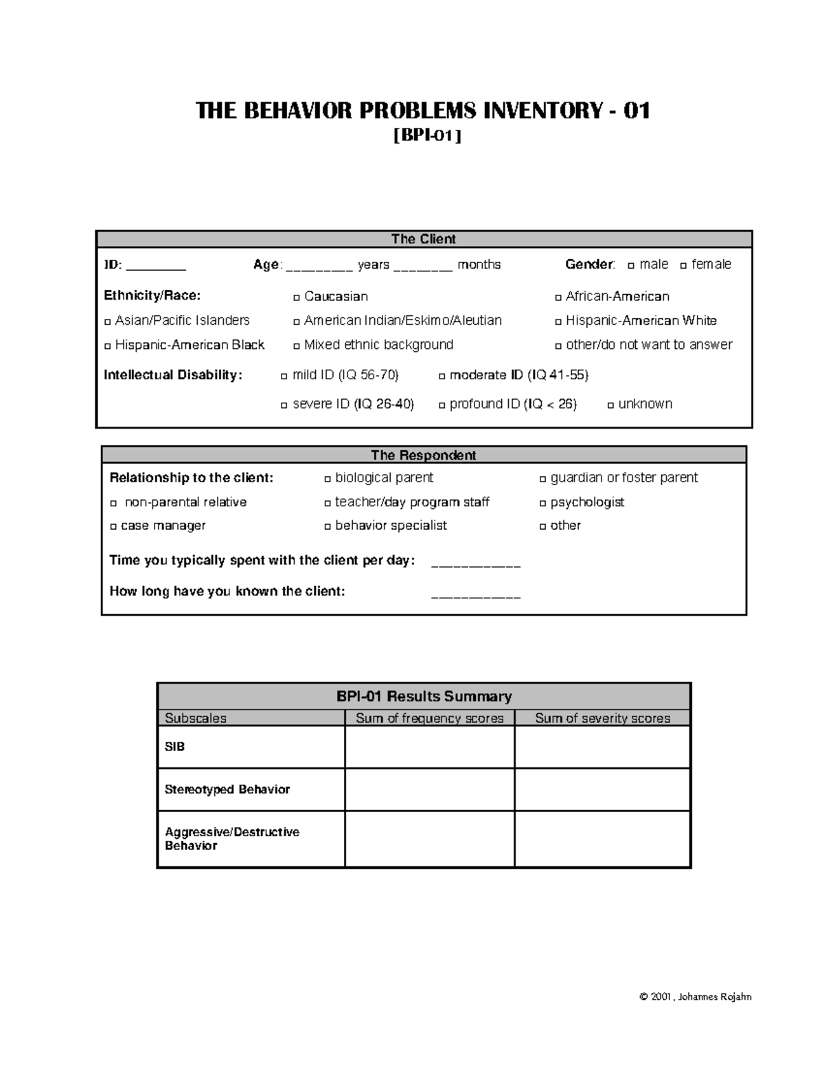 BPI-01 English test - THE BEHAVIOR PROBLEMS INVENTORY - 01 [BPI-01] The ...
